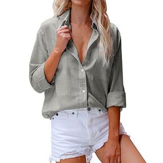 Generic Chemise Lin Femme Plage Chic Et &Eacute;l&eacute;gant Col en V Lin T-Shirt Blouse D&eacute;t&eacute; Tee Shirt Manches Courtes avec Boutons Couleur Unie Hauts Sexy Mode L&acirc;che Res