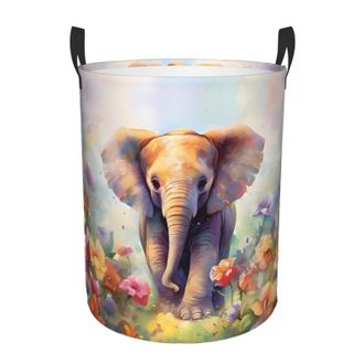Generic Aquarell Elefantenblumen Korb Aufbewahrung Rund W&auml;schesammler Wasserdichter W&auml;schebeh&auml;lter F&uuml;r Lagerung W&auml;schekammer Kuscheltier