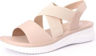Allegra K Sandales plates &agrave; bout ouvert avec sangle de cheville &eacute;lastique pour femme, beige, 41.5 EU