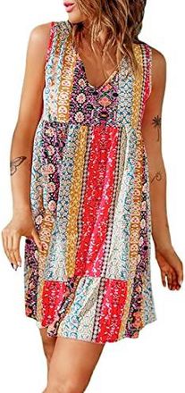 Generic Robes d&eacute;t&eacute; 2026 boh&egrave;me pour femmes, robe courte sans manches &agrave; volants et col en V, Rouge, XXL