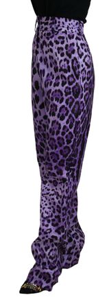 Dolce & Gabbana Womens Purple Leopard Print High Waist Pants Cotton Elastane