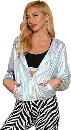 Allegra K Femmes Holographique Brillant Manches longues Zipper Encapuchonné Métallique Veste Holographique L