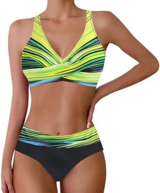 Generic Maillot de bain deux pi&egrave;ces taille haute pour femme - Rembourr&eacute; - Col en V - Dos nu - Bas de bikini, Vert, 3XL