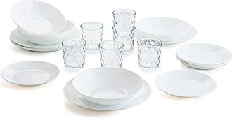 Arcopal Komplettes weißes Tafelservice für 6 Personen, 18-teiliges Set mit 6 Gläsern aus Glas, 26 cl, einzigartig, 19-teilig