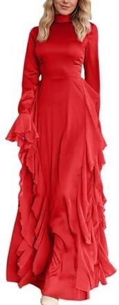 Generic Robe amincissante d&eacute;contract&eacute;e &agrave; manches &eacute;vas&eacute;es avec col rond et taille haute pour une &eacute;l&eacute;gance, Rouge, XXL