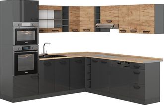 Vicco Eckk&uuml;che R-Line, Goldkraft Eiche/Anthrazit, 247 x 60 cm zweifarbige Schr&auml;nke, AP Eiche