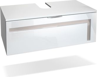 Vladon Waschtisch Waschbecken Unterschrank Aloha V2, Made in Germany, Korpus in Wei&szlig; matt/Fronten in Wei&szlig; Hochglanz mit Absetzungen in Sandgrau Hochglanz