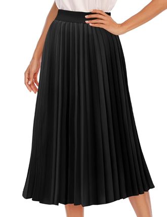 Dresstells Plissee Rock Damen Chiffon Maxi Langer Faltenrock A-Linie Hohe Taille Festlicher Midi-Rock Casual Strandrock Black XL