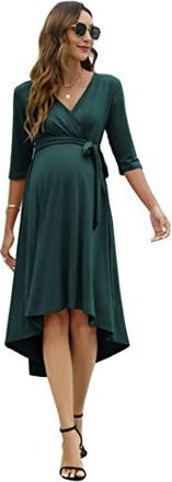 KOJOOIN Robe de maternité pour Femme Robe dallaitement Festive Col en V Manches 3/4 Robe de maternité avec Ceinture,Vert foncé (3/4 Manches),M