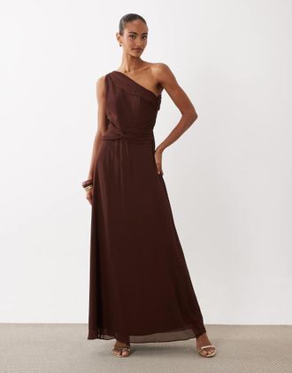 Tfnc robe longue de demoiselle dhonneur en mousseline &agrave; une &eacute;paule, taille torsad&eacute;e et drap&eacute;e, couleur chocolat-Marron