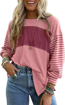 Dokotoo Damen Langarmshirt Rundhals Gestreiftes Sweatshirt Casual Oversize Longsleeve T-Shirt Herbst Farbblock Oberteile Pullover Tops, rosa, 2XL