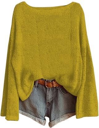 Generic Pull pour femme - Coupe ample - Col rond - &Eacute;l&eacute;gant - Tricot surdimensionn&eacute; - Couleur unie - Manches longues - Confortable - Doux et chaud - Pour lauto