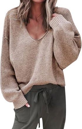 Generic Pull pour femme - Couleur unie - Automne et hiver - Col en V - Surdimensionné - Tricot décontracté - Tendance - Pour femme, kaki, M