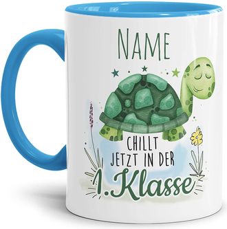 Tassendruck Tasse mit Spruch - In der 1. Klasse chillen - Geschenk zur Einschulung - Schildkröte - mit Wunschnamen Personalisieren - Keramiktasse Innen & Henkel H
