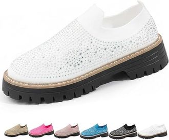 Generic Mocassins orthop&eacute;diques &agrave; enfiler avec strass pour femme - Maille respirante - Chaussures de marche scintillantes, blanc, 36.5 EU