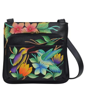 Anuschka Damen Womens Leather Slim Shoulder Schmaler Schulter-Organizer aus echtem Leder, Birds in Paradise-Black
