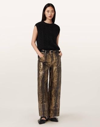 AllSaints Tay - Jeans mit Metallic-Schlangenmuster in Gold und Braun