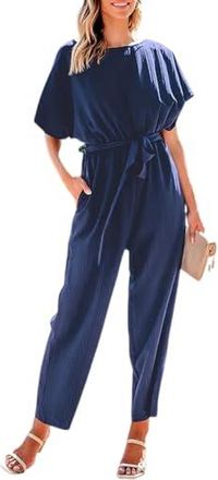 Cupshe Combinaison à manches courtes et col bateau pour femme avec ceinture et fente dans le dos, bleu marine, XL