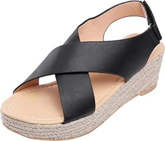 Generic Sandales compens&eacute;es pour femme en cuir crois&eacute; avec sangle de cheville et boucle - Sandales tendance imperm&eacute;ables - Chaussures d&eacute;contract&eacute;es minimalist