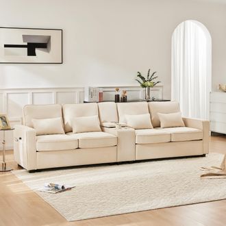 Merax Huayz Sofa,Modernes 4-Sitzer-Sofa aus Leinenstoff, Getränkehaltern, 2 USB-Anschlüssen zum Aufladen mit Kabel, mit Armlehnentaschen und 4 Kissen, einfa