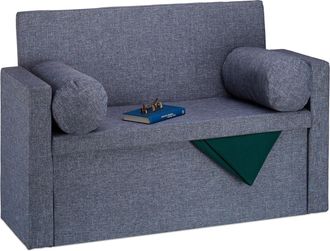 Relaxdays Sitzbank mit Lehne, 2 Kissenrollen, faltbar, Aufbewahrung, gepolstert, Flur, Sitztruhe 47 x 115 x 75 cm, Grau, Dunkelgrau