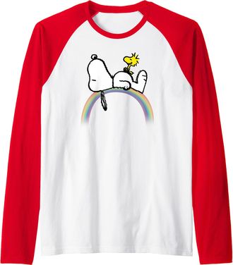 Peanuts Erdn&uuml;sse Snoopy Woodstock Regenbogen Raglan Shirt Schwarz Cartoon Herren Unisex EU S