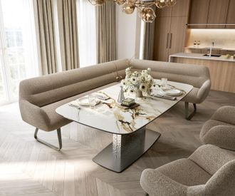 DELIFE Esszimmerbank Taya-Flex 285x190 cm Boucl&eacute; Schlamm Kufengestell flach Effektfinish Titan Taschenfederkern Links, B&auml;nke