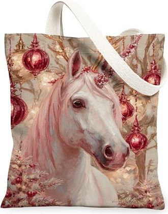 Generic Sacs fourre-tout en toile motif cheval magique, sacs d&eacute;picerie r&eacute;utilisables, vintage, l&eacute;gers, lavables, blanc, 13x15 Inch