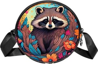 Generic Petit sac &agrave; bandouli&egrave;re circulaire pour femme, motif raton laveur avec fermeture &eacute;clair, bretelles r&eacute;glables, sac &agrave; main rond d&eacute;contract&eacute; pour femmes 