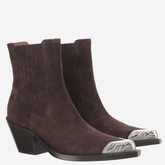 PARIS TEXAS Suede with Metallic Pointed-Toe Ankle Boot - Brown