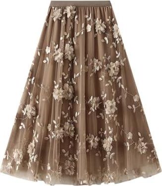 Generic 2026 Jupe longue en maille brodée pour femme Taille haute, kaki, Taille unique