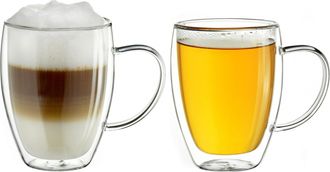 Creano doppelwandiges Thermoglas mit Henkel 400ml, großes Doppelwandglas aus Borosilikatglas, Kaffeegläser, Teegläser, Latte Gläser 2er Set