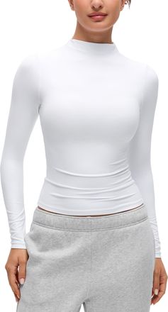CRZ YOGA Damen Softembrace Rollkragen Langarm Tops Weich Tailliert L&auml;ssig Bequem Lagen-T-Shirts Weiss 42