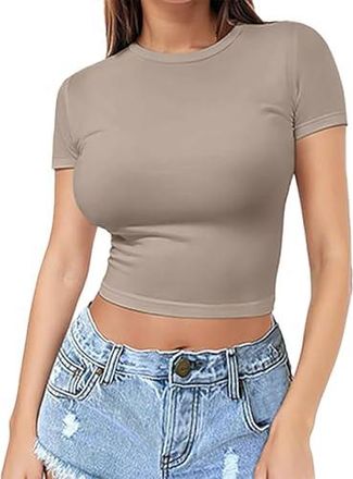 Generic Haut court &agrave; manches courtes et col rond extensible pour femme - T-shirt basique l&eacute;ger et doux pour l&eacute;t&eacute;, taupe, M
