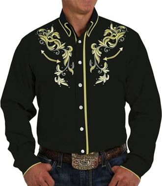 Generic Chemise imprimée décontractée pour homme, coupe ample, chemise de cowboy à manches longues, chemise boutonnée à col bandé, chemise douce et légère, po