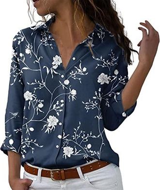 Generic Haut tendance &agrave; manches longues pour femme, chemise &agrave; revers simple boutonnage, chemises surdimensionn&eacute;es, bleu, XXL