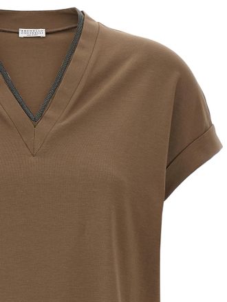 Brunello Cucinelli Stretch Cotton with Monile Trim T-Shirt - Brown