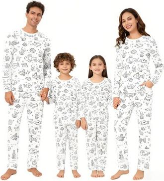 Generic Pyjama de Noël assorti pour la famille, pyjama coloré peint à la main, pyjama amusant de Noël à colorier de dessin animé, vêtements de nuit créatifs p
