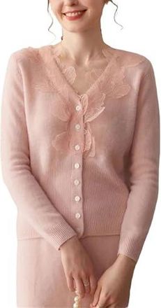 Generic Cardigan ouvert &agrave; col en V en dentelle cachemire pour femme, Rose, M