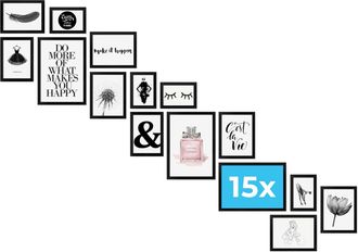 Photolini Bilderrahmen Set verschiedene Gr&ouml;&szlig;en schwarz, 15 Bilderrahmen Treppenaufgang Holz MDF, Bilder Rahmen mit Acrylglas, Bilderrahmenset zum Aufh&auml;ngen, Fot