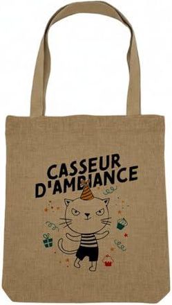 Fabulous Sac Shopping Tote Bag Aspect Lin - Chat Casseur dAmbiance Dessin Illustration - Sac de Courses Toile Epaisse 360g Beige Naturel Cabas Port&eacute; Epaule Sol