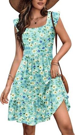 Zeagoo Robe DÉté Femme Élégante À Manches Volantes en A Mi-Longue Courte Taille Haute De Plage Été À Décolleté Carré Boho Fleurs Vertes S