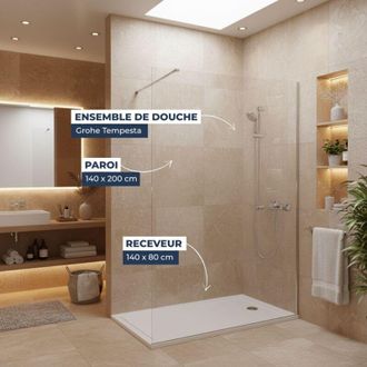 GROHE Dusch-Komplettset - Walk-In Duschwand 140x200 Chrom + Grohe Tempesta 3 Strahlarten + Gussmarmor-Duschwanne Wei&szlig; 140x80