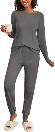 Ekouaer Ensemble de Pyjama pour Femmes Longues Deux Pièces Côtes Sexy Chic Col Rond Lounge Set Gris foncé L