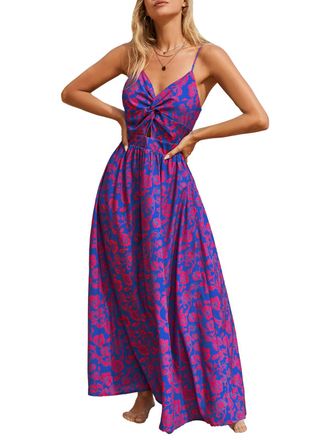 Cupshe Damen Kleid V Ausschnitt Twist vorne Blumendruck Verstellbares Cami Maxikleid Freizeitkleider Boho Beach Maxi Dress Blau Floral XS