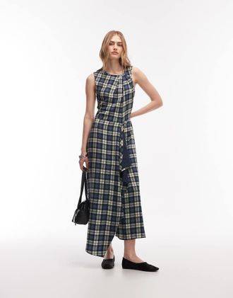 Asos Asymmetrisches Midikleid in Blau kariert mit verdrehtem Detail-Bunt