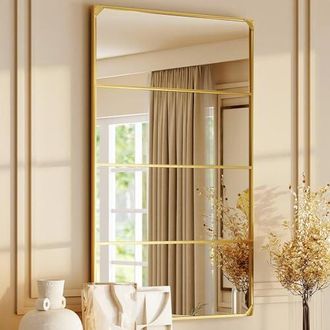 HOMCOM Miroir Mural verri&egrave;re rectangulaire Style Industriel, Horizontal ou Vertical avec 4 Crochets, en m&eacute;tal dor&eacute; - 109 x 69 cm