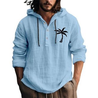 Generic Chemise en lin pour homme - Coton et lin - Sweat &agrave; capuche - Boutonni&egrave;re - Manches longues - Sweat-shirt l&eacute;ger et respirant - Chemise d&eacute;t&eacute; surdimensio