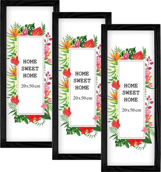 MG Design Set aus 3 Schwarz Bilderrahmen 20 x 50 cm - Aus echtem Holz mit Acrylglas, zum Aufhängen & Aufstellen, für Fotos, Poster & Puzzle