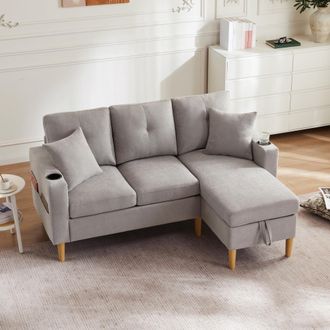 Generic Ecksofa L-Form mit Stauraum & Getr&auml;nkehalter Taschenfederkern Leinen Rechts Links Montierbar Couch Kompakt 175cm Kleine R&auml;ume Inkl 2 Kissen Sectional 